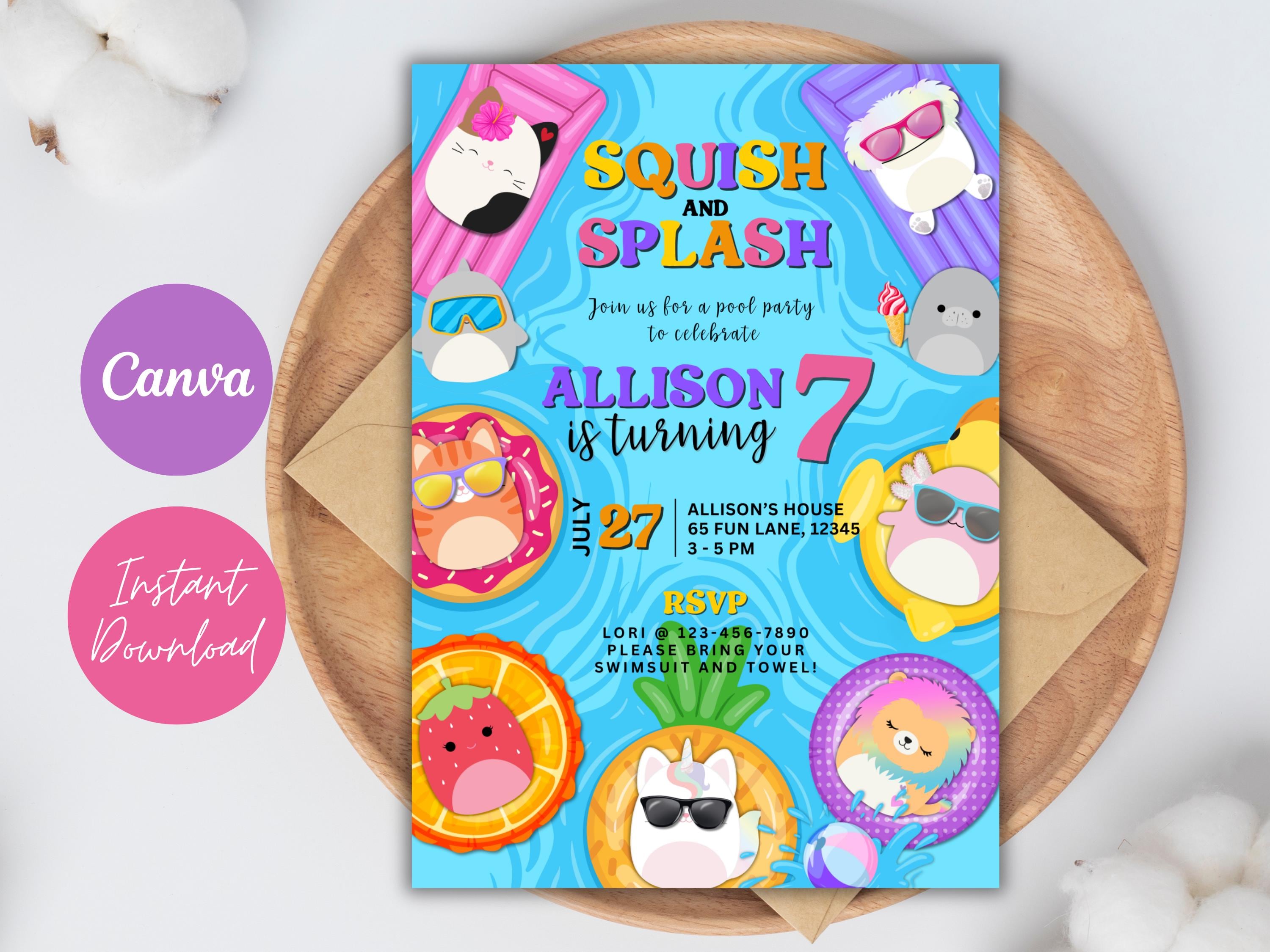 Squishmallow Pool Party Invitation: Editable Birthday Template (digital ...