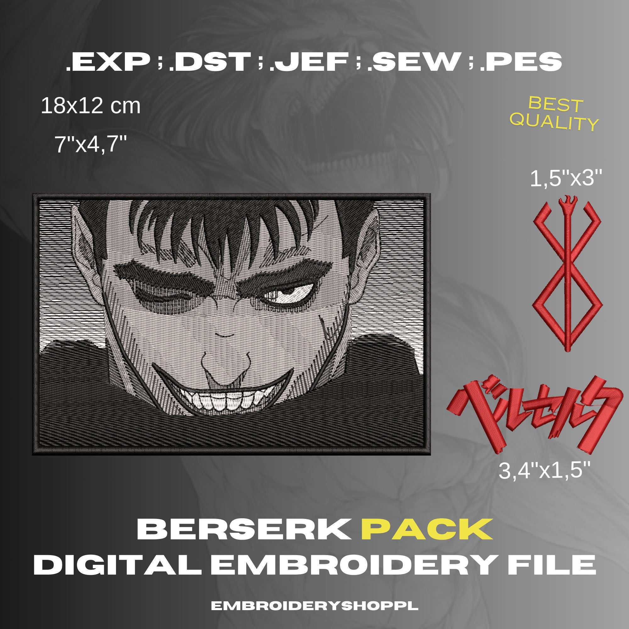 Anime Embroidery, Berserk, Guts, Anime Embroidery Designs, Embroidery ...