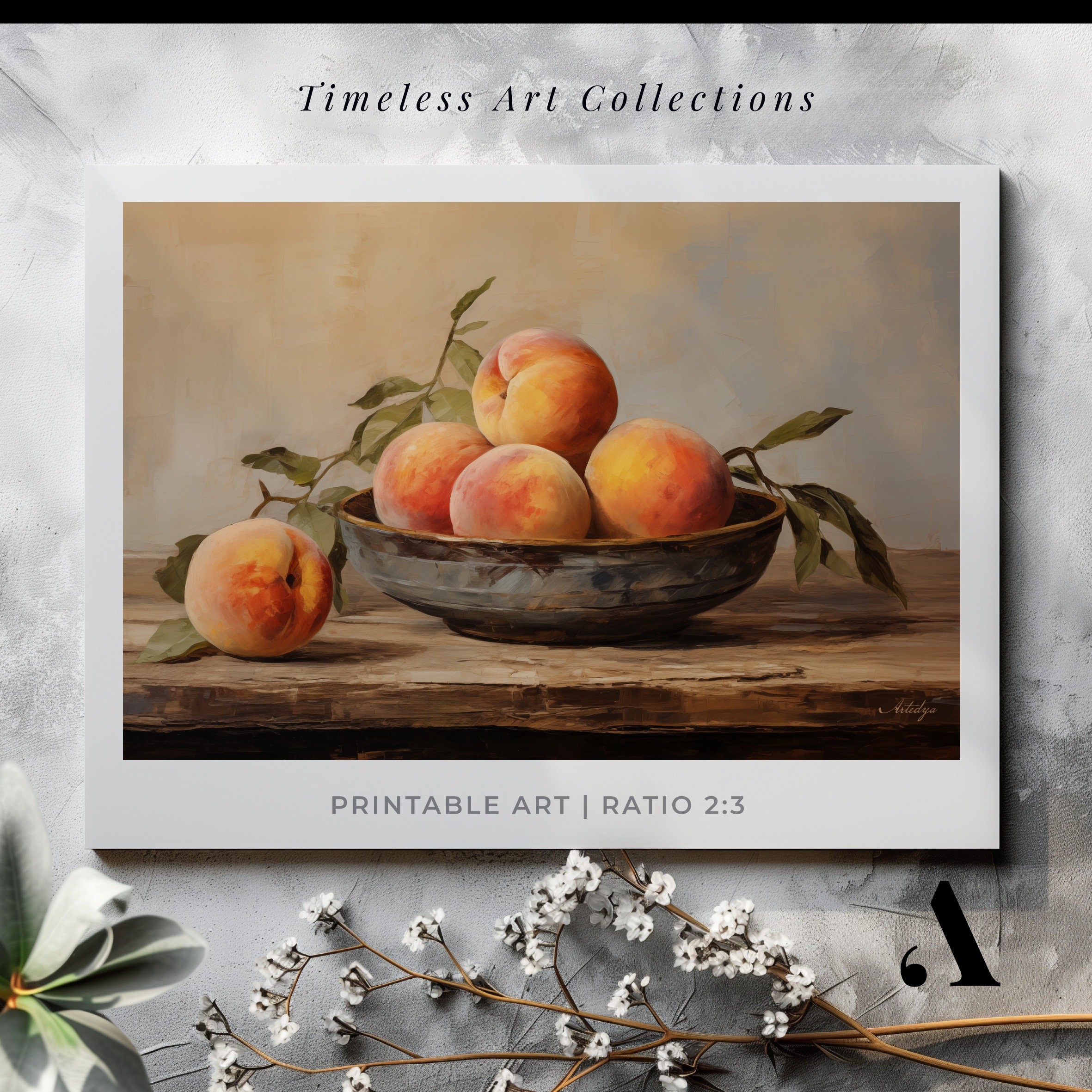 Moody Vintage Fruit Still Life: Peaches Oil Painting | Printable Wall ...