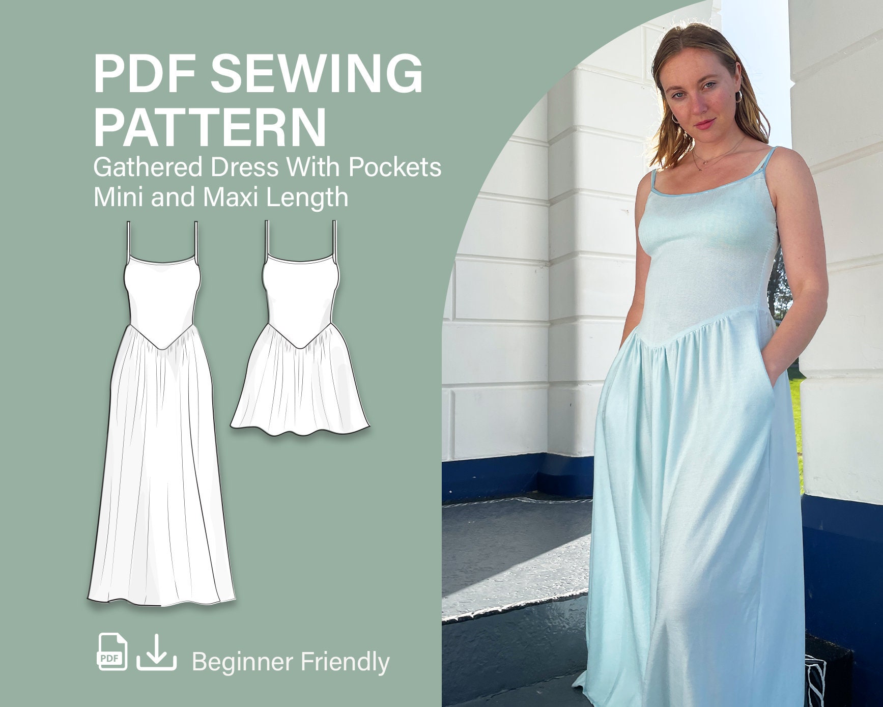 Gathered Waist Dress PDF Sewing Pattern Thin Strap Dress Spaghetti ...