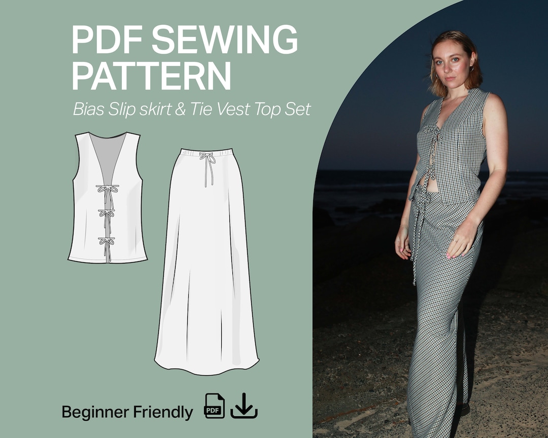 Vest Style Tie Front Top and Skirt Set Digital Sewing Pattern Instant ...