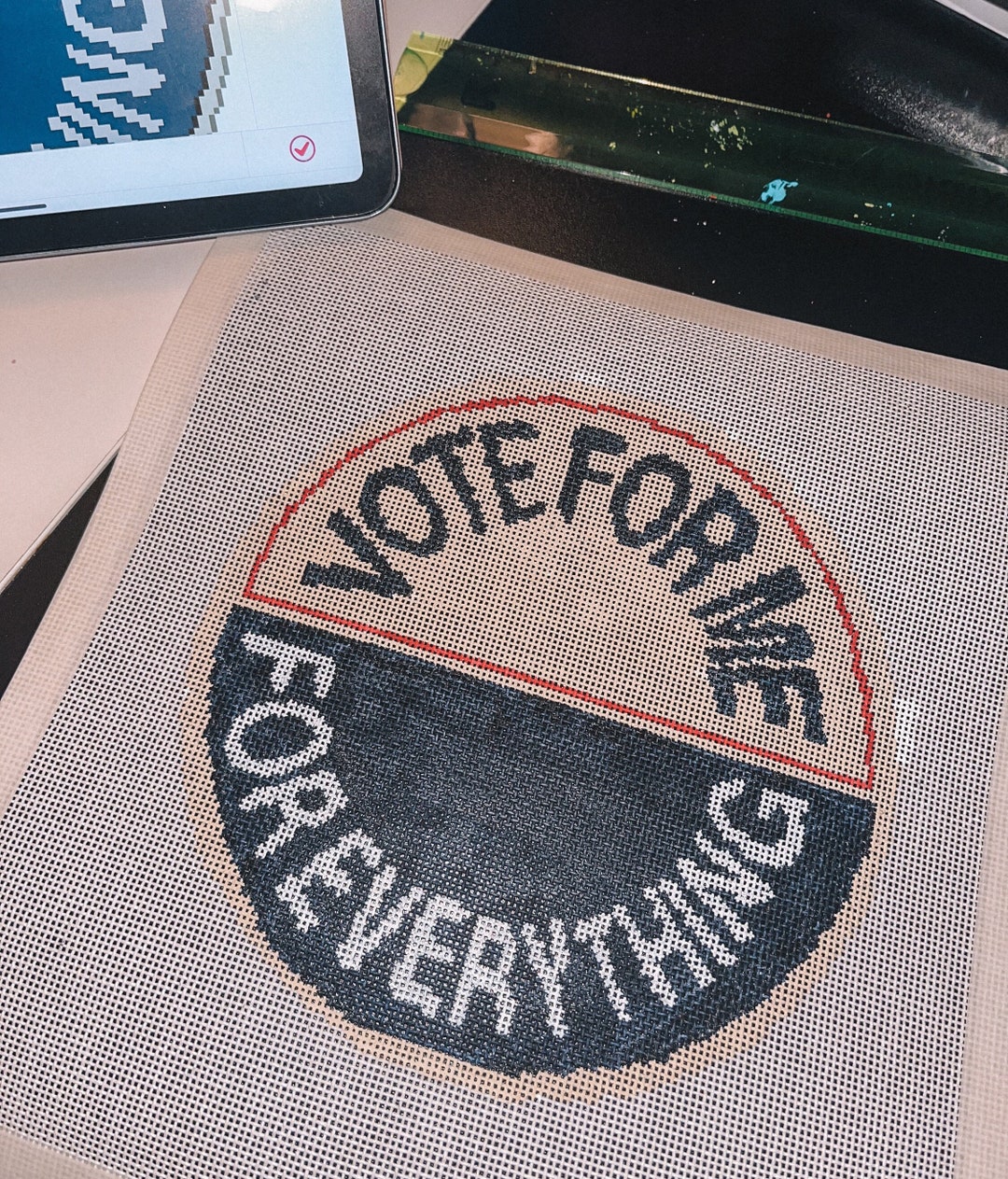 Vote for Me for Everything Button | Stitch Painted Needlepoint Canvas ...