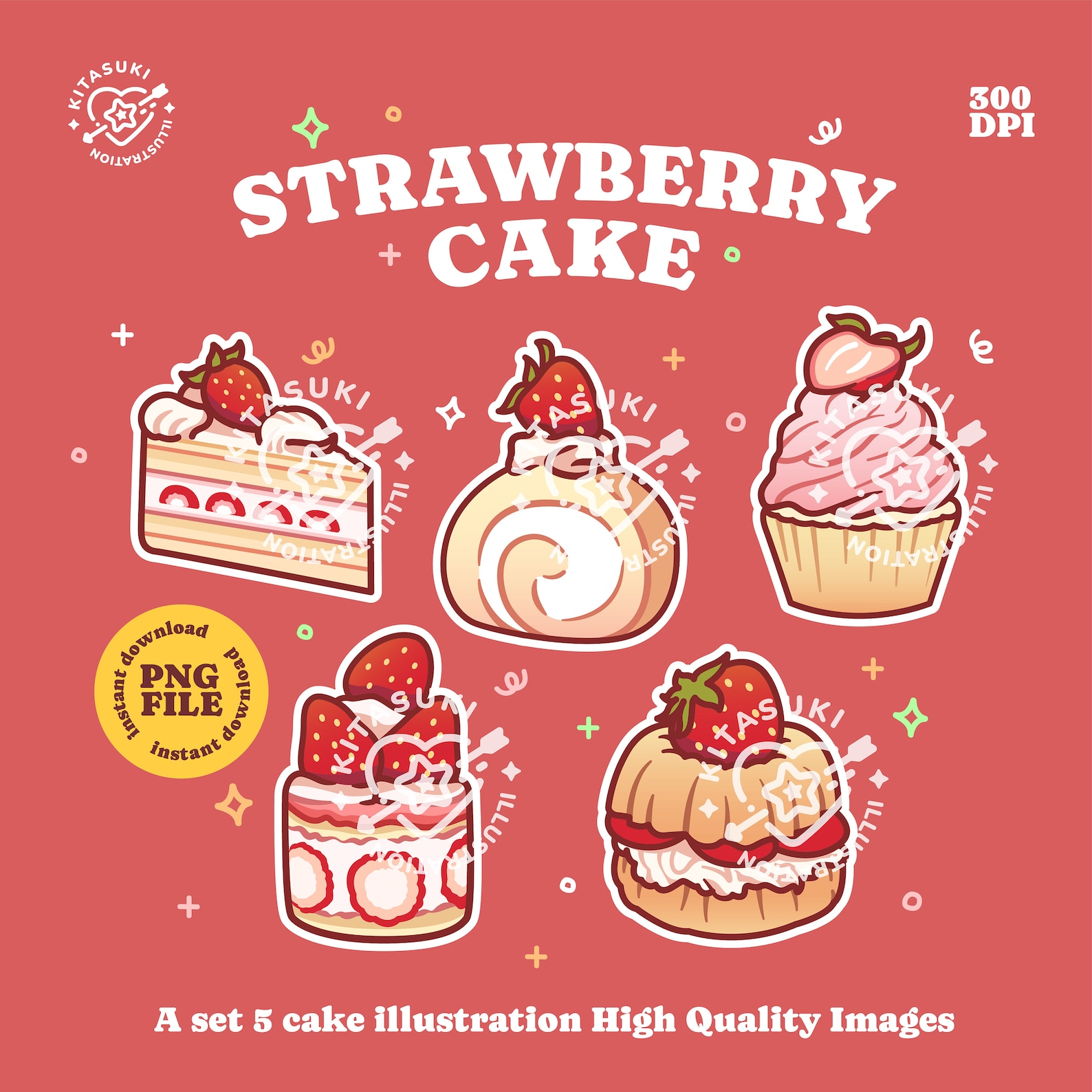 Cute Strawberry Cake Clipart Bundle, Strawberry Cake PNG, Strawberry ...