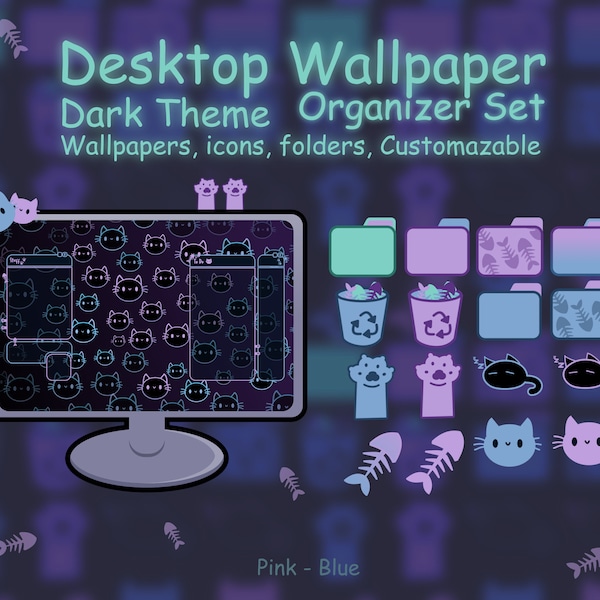 Kitty Computer Desktop Theme Background Wallpaper Organizer Set, Dark ...
