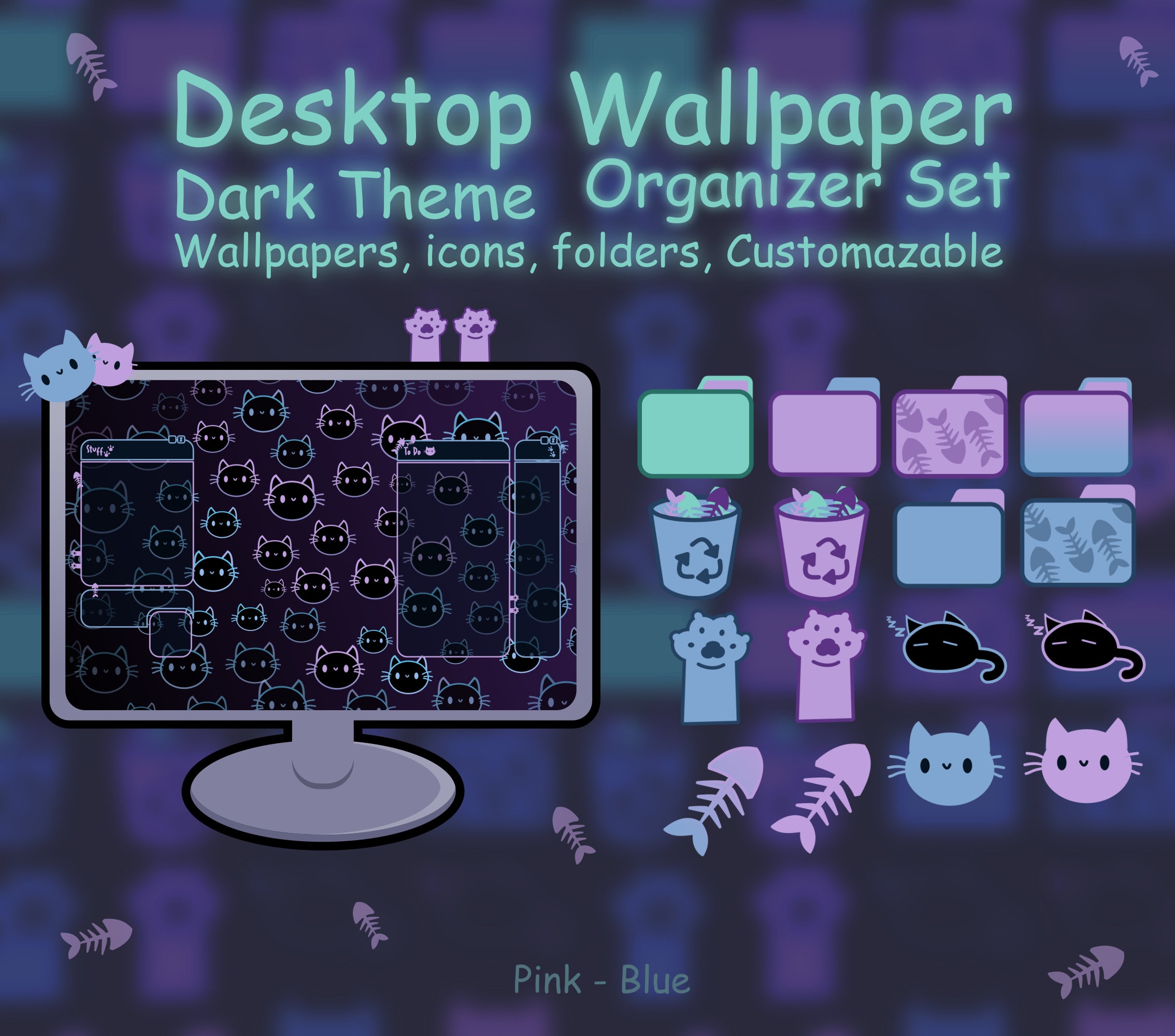 Kitty Computer Desktop Theme Background Wallpaper Organizer Set, Dark ...