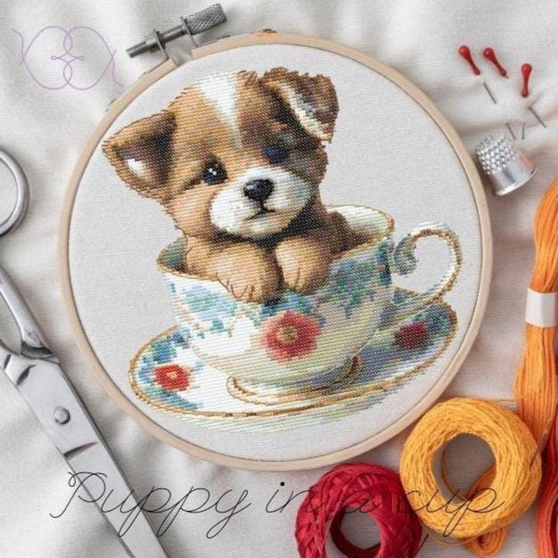 Puppy in a Cup Cross Stitch Pattern | Cute PDF Download | Dog ...