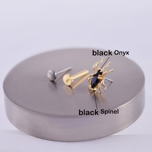 14K Solid Gold Black Spinel Spider Cartilage Earring/threadless Animal ...