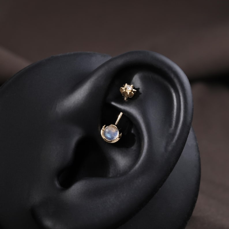 14K Solid Gold Moonstone Rook Earring/moissanite Curved Barbell Earring ...