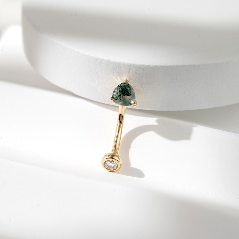 14k Solid Gold Moss Agate Internally Threaded Rook Earring Curved ...
