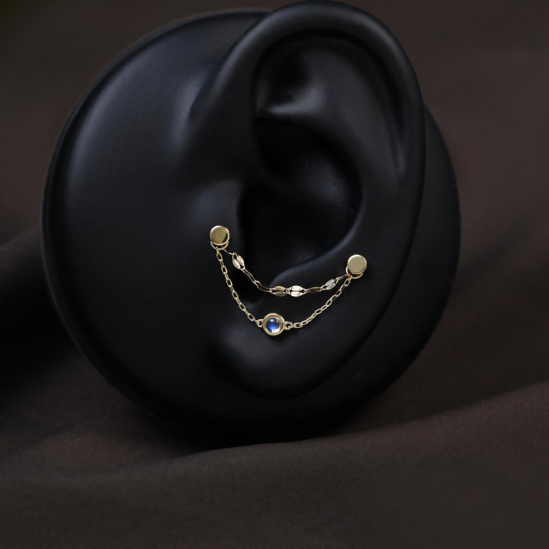 14K Solid Gold Moonstone Chain Attachment/moonstone Gold Chain Piercing ...