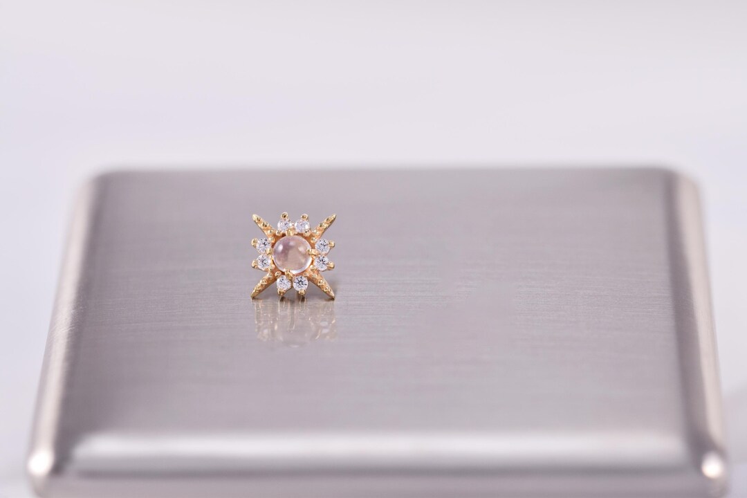 14K Solid Gold Moonstone Sun Stud Earring/threadless Starburst ...