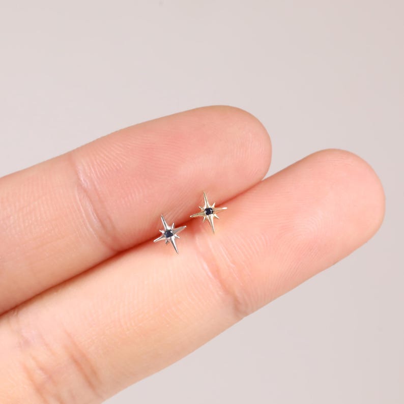 14k Solid Gold Blue Sapphire Star Cartilage Stud/tiny Earlobe Conch ...