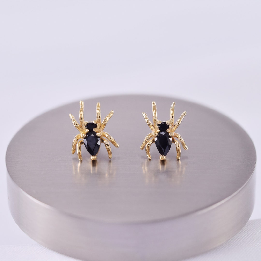 14K Solid Gold Black Spinel Spider Cartilage Earring/threadless Animal ...