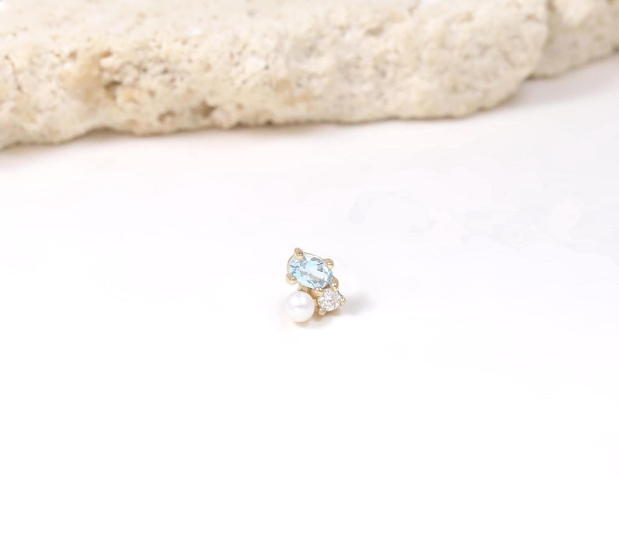 14K Solid Gold Pearl Stud Earring, Blue Topaz Piercing Jewelry, Gold ...