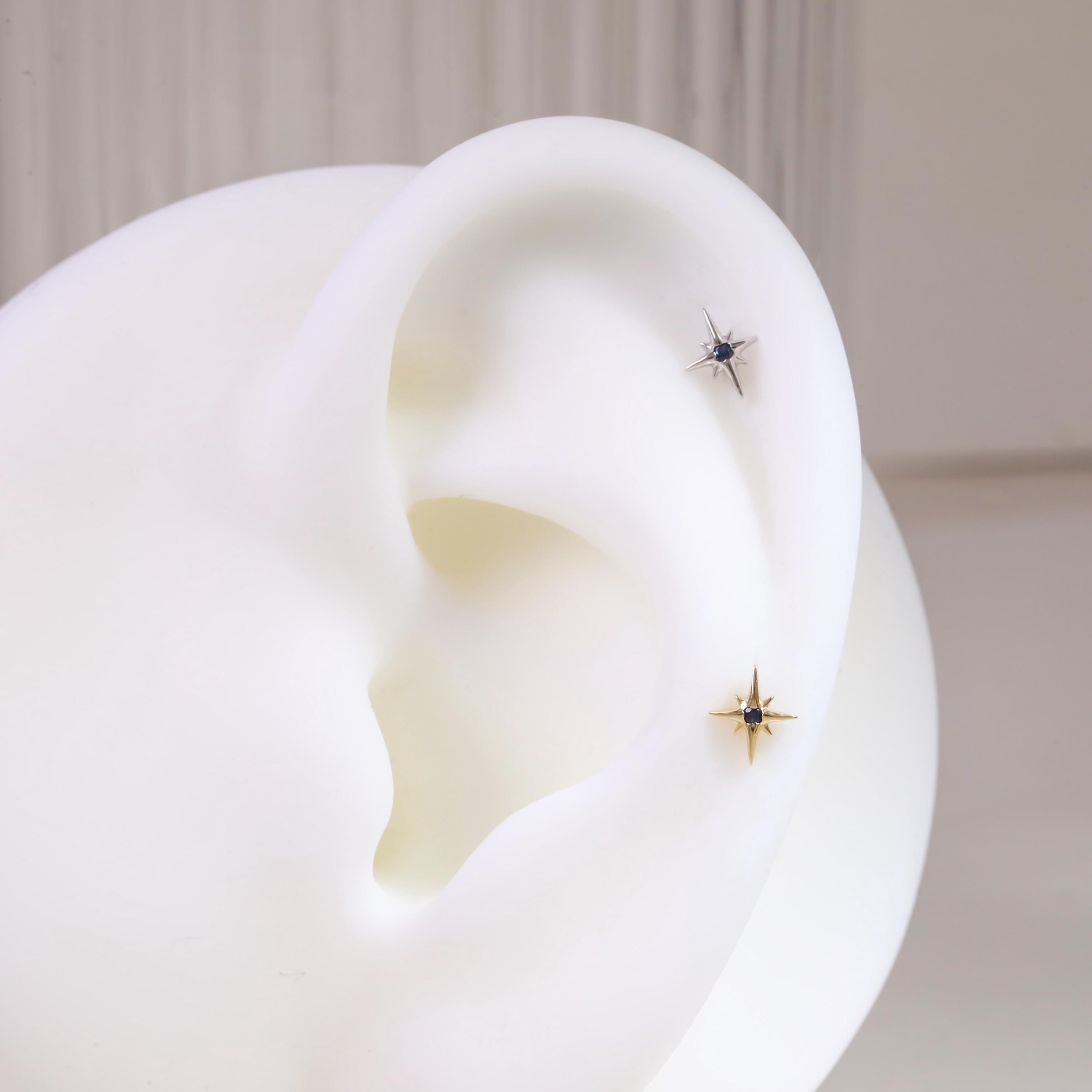 14k Solid Gold Blue Sapphire Star Cartilage Stud/tiny Earlobe Conch ...