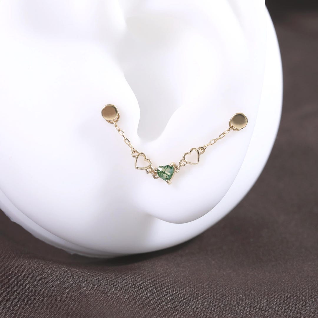 14k Solid Gold Moss Agate Chain Attachment/heart Shape Chain Piercing ...