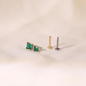 14K Solid Gold Zambian Emerald Stud Earring • Square Cartilage Stud • Threadless Helix Conch ...