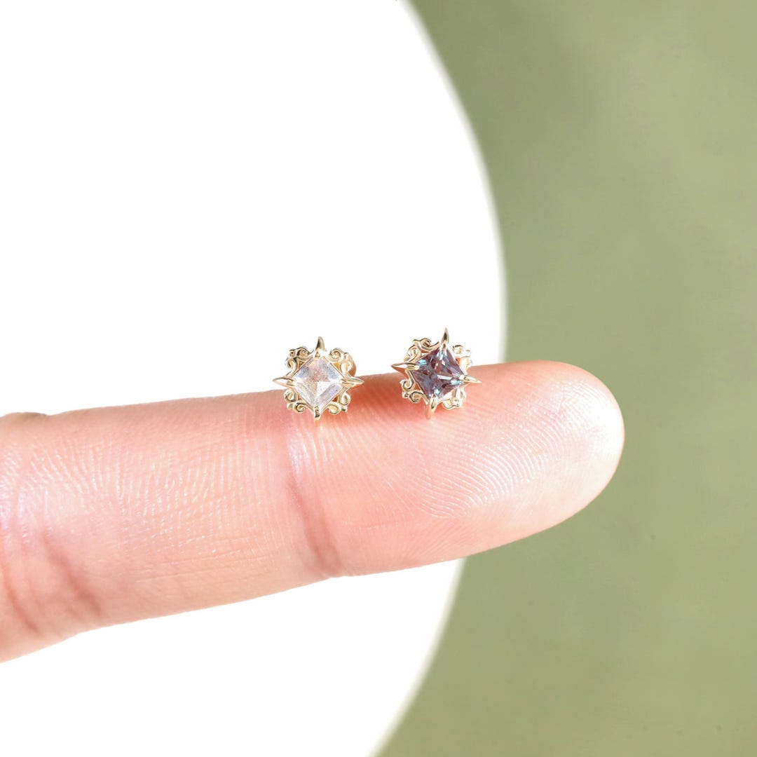 14K Solid Gold Floral Square Alexandrite Stud/labradorite Topaz ...