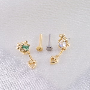 14K Solid Gold Heart Shape Dangle Chain Stud/moonstone Earring/conch ...