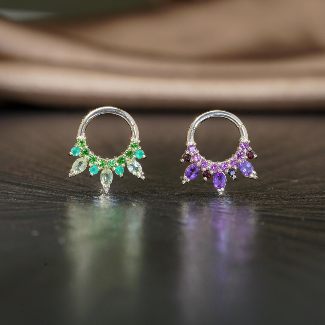 14K Solid Gold Amethyst Septum Ring/peridot Hoop Clicker/cluster ...