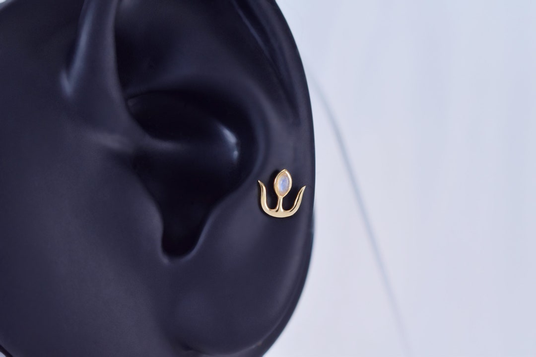 14K Solid Gold Neptune Trident Moonstone Stud Earring/threadless ...