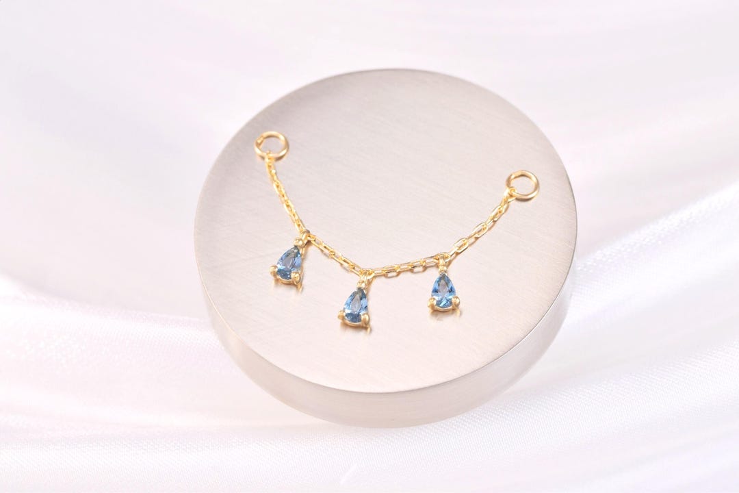 14k Solid Gold London Blue Topaz Dangle Chain, Pear Shape Chain ...
