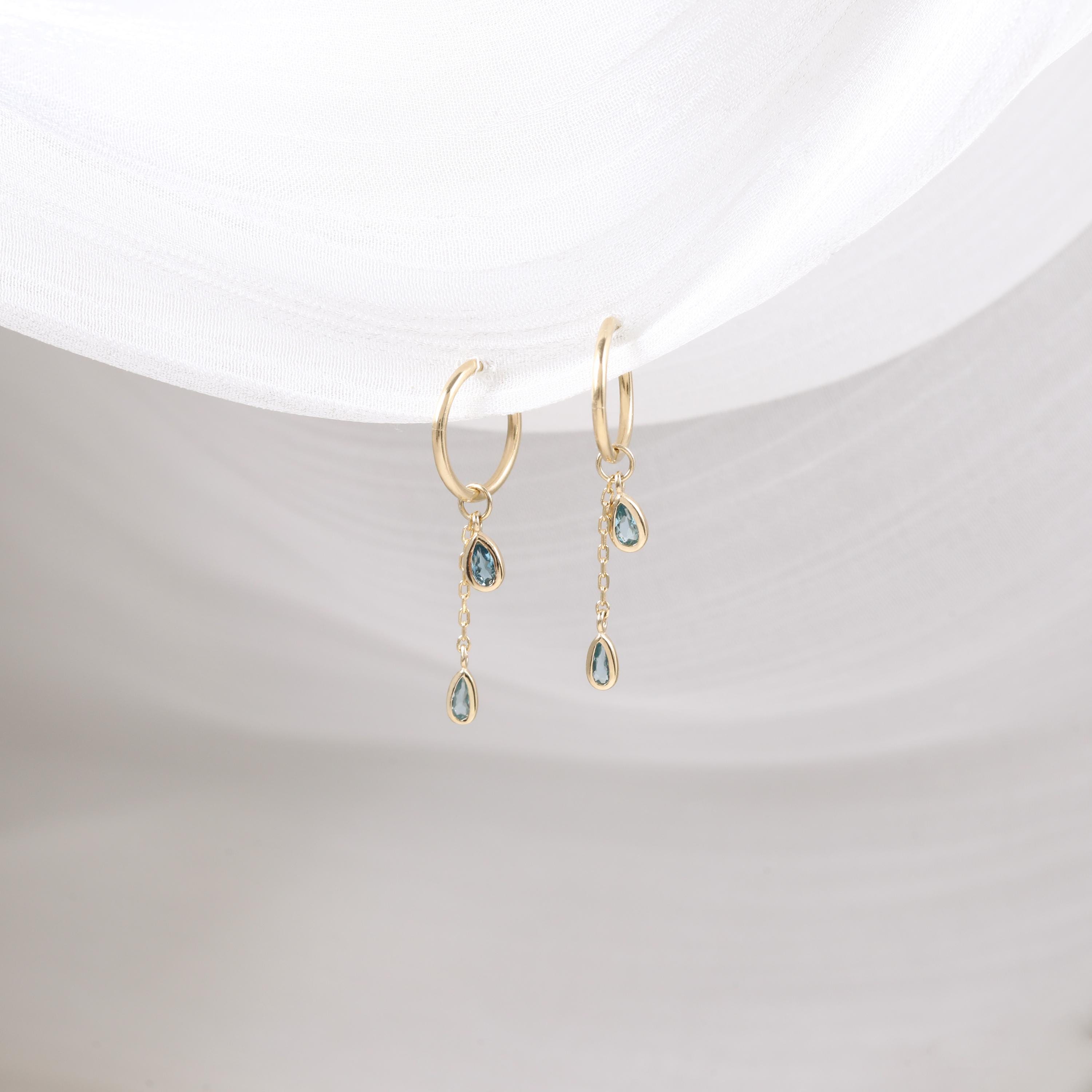 14K Solid Gold London Blue Topaz Chain Dangle Charm, Pear Drop ...