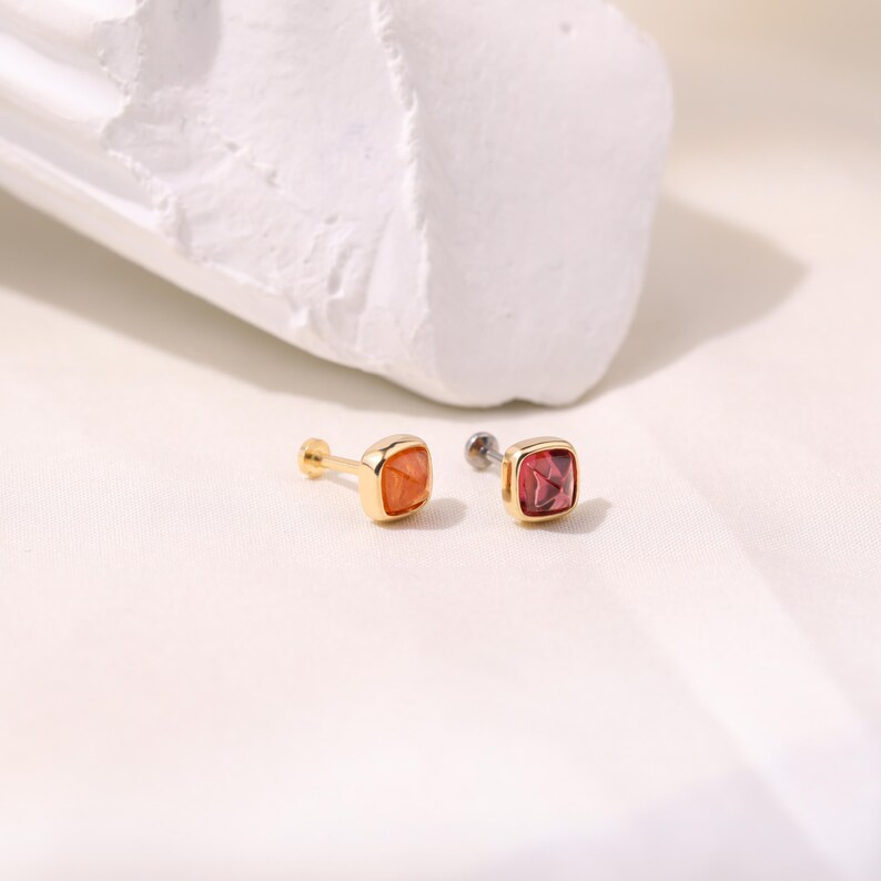 14k Solid Gold Rhodolite Garnet Earring/fanta Orange Garnet Piercing ...