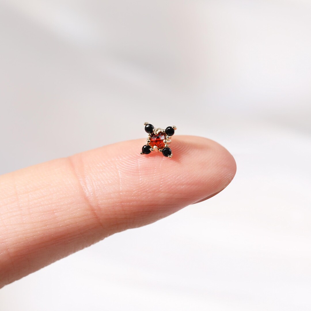 14K Solid Gold Black Spinel Helix Stud/garnet Cartilage Piercing/black Spinel Conch Stud/flat ...