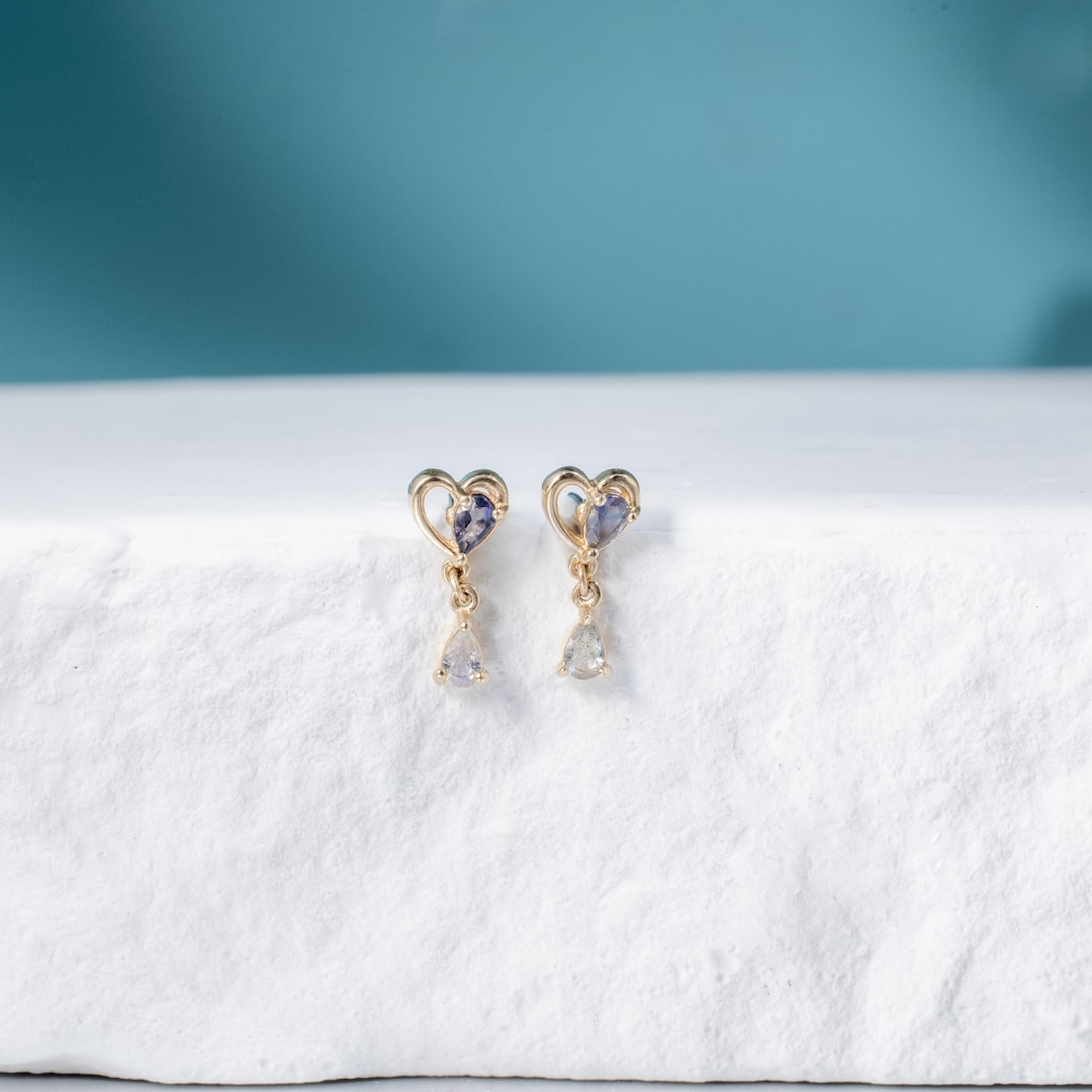 14k Solid Gold Labradorite Dangle Stud/iolite Heart Earlobe Piercing ...