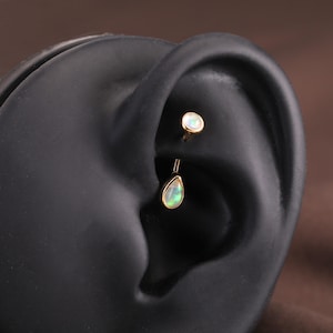 14K Solid Gold Internally Threaded Rook Earring/opal Curved Barbell ...