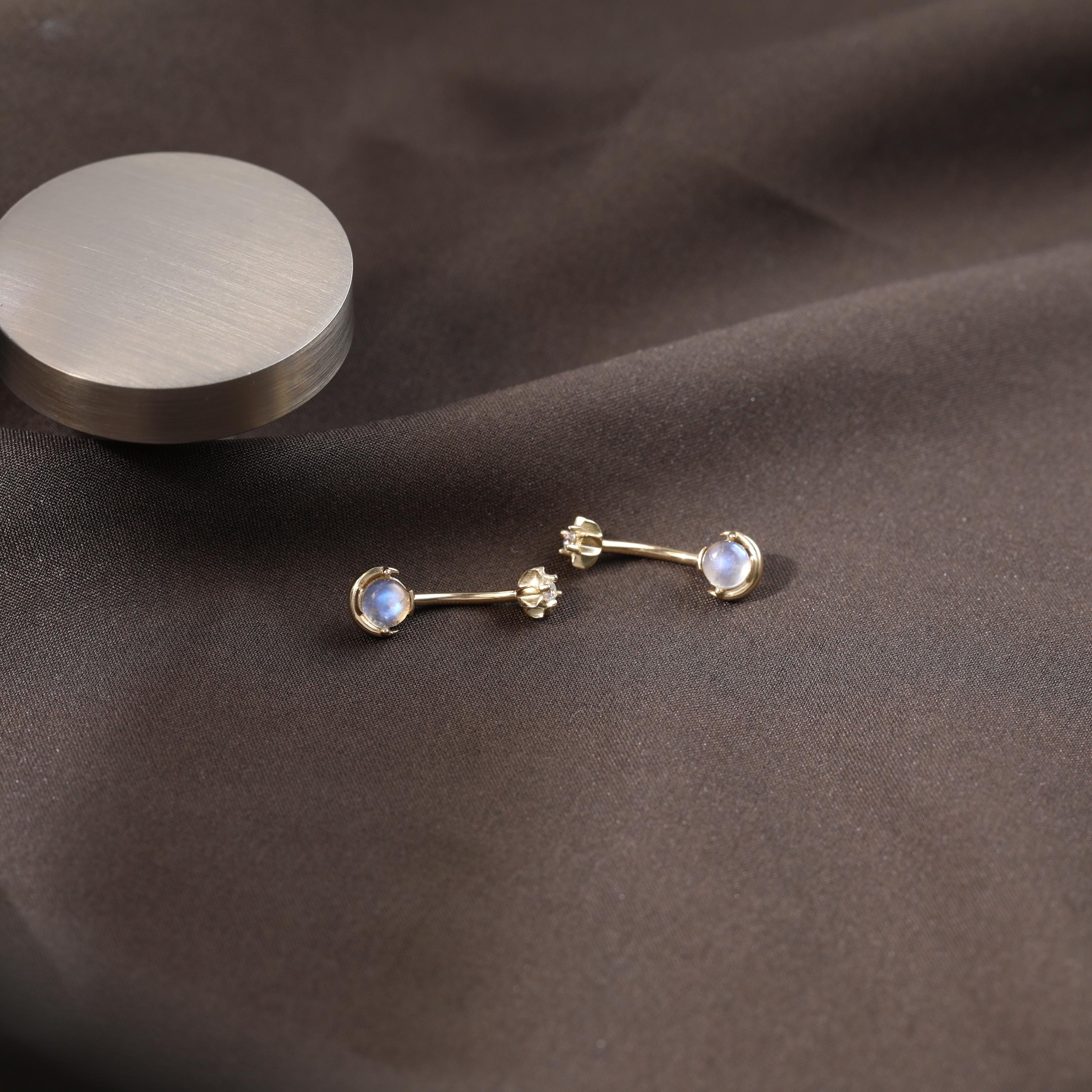 14K Solid Gold Moonstone Rook Earring/moissanite Curved Barbell Earring ...