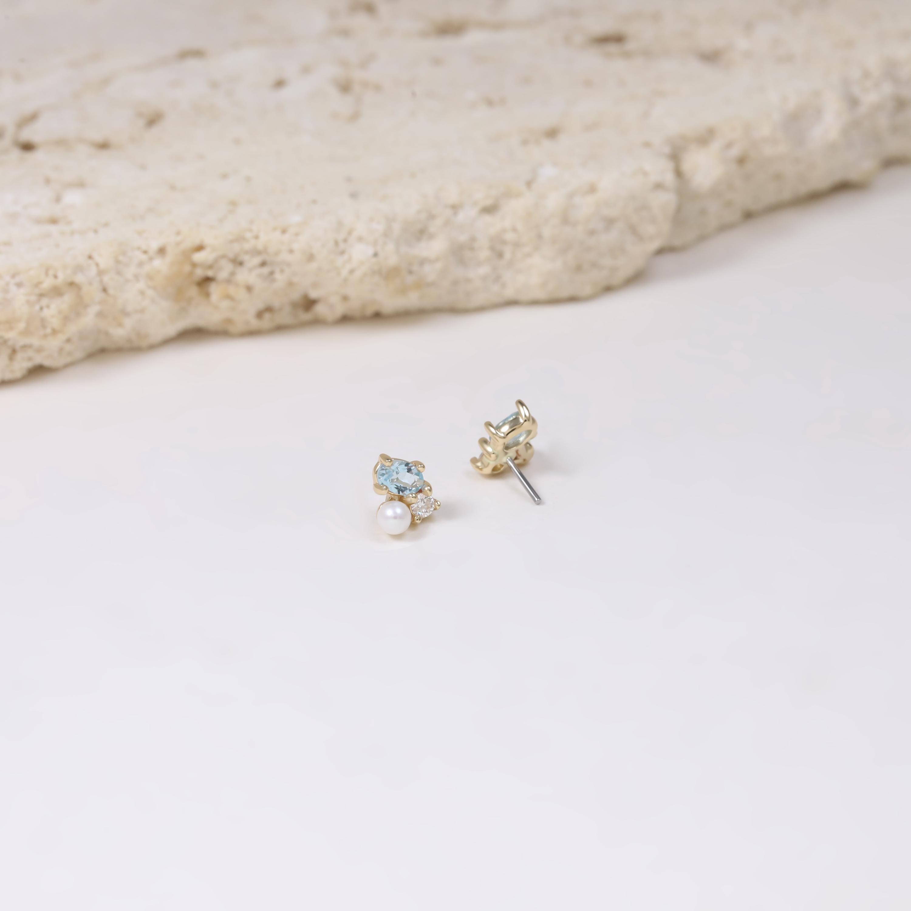 14K Solid Gold Pearl Stud Earring, Blue Topaz Piercing Jewelry, Gold ...