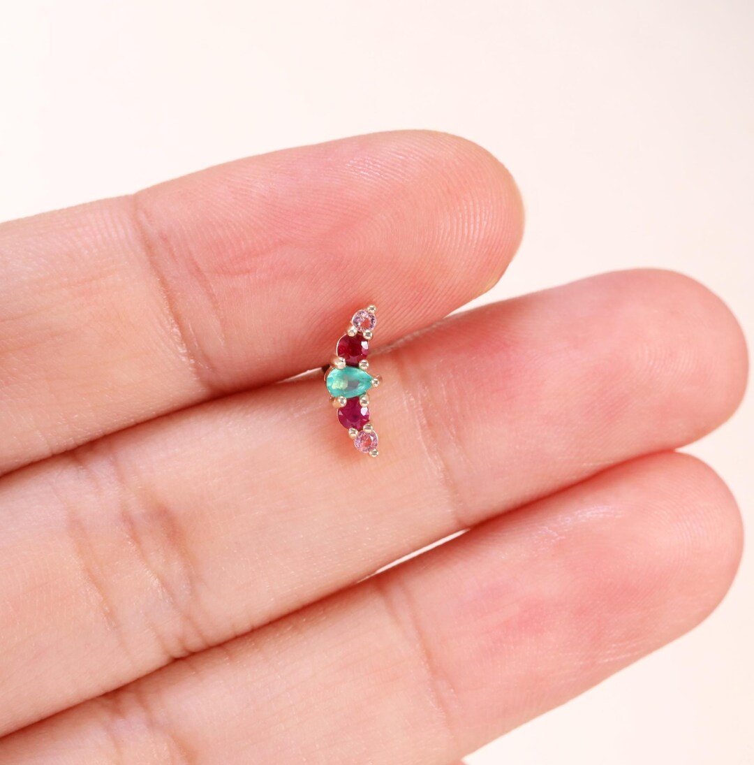 14K Solid Gold Green Agate Climber Earring/ruby Cartilage Piercing/pink ...
