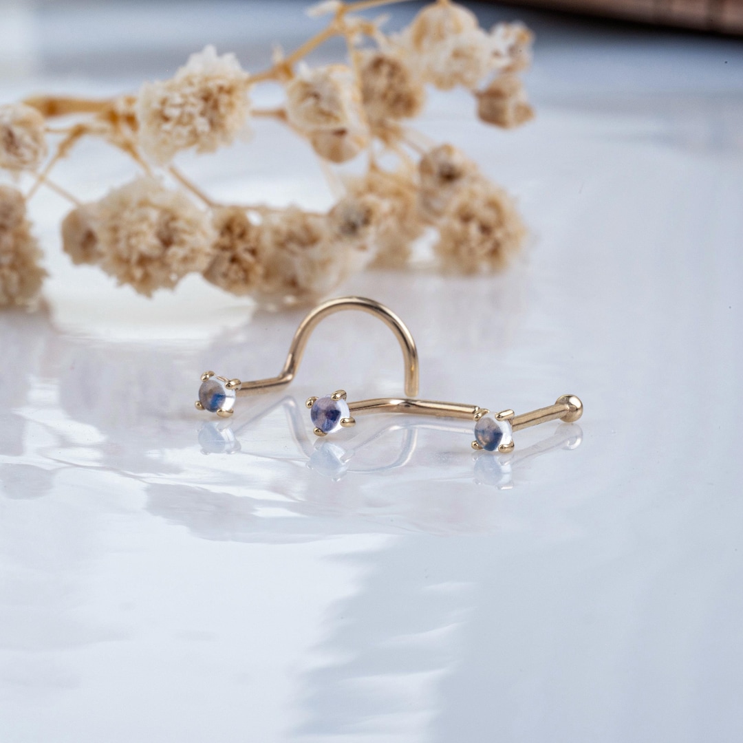 14K Solid Gold Moonstone Nose Stud L Shape Straight Ball Nose Stud ...
