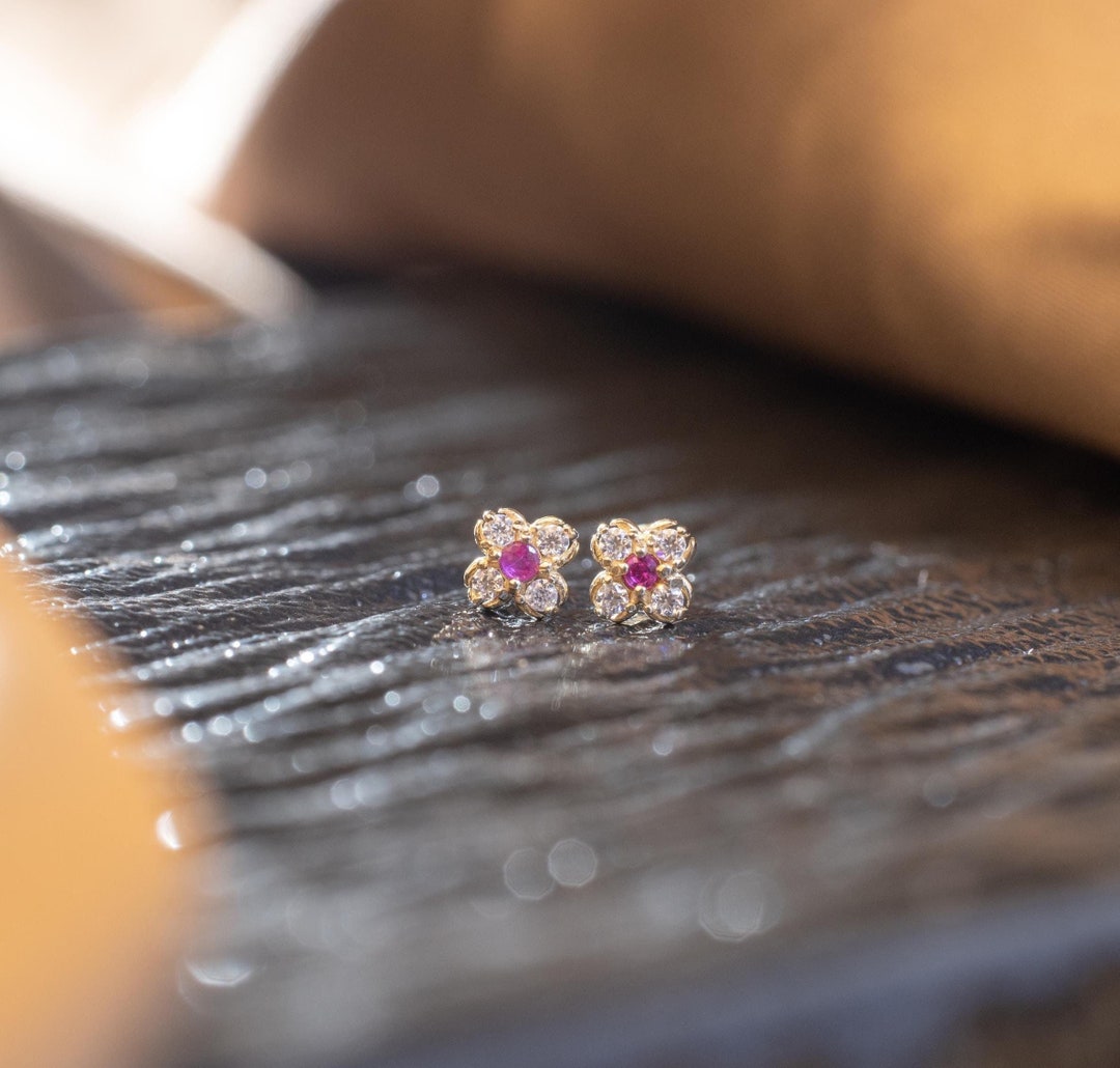 14K Solid Gold Floral Stud Earring, Ruby Cartilage Piercing, Moissanite ...