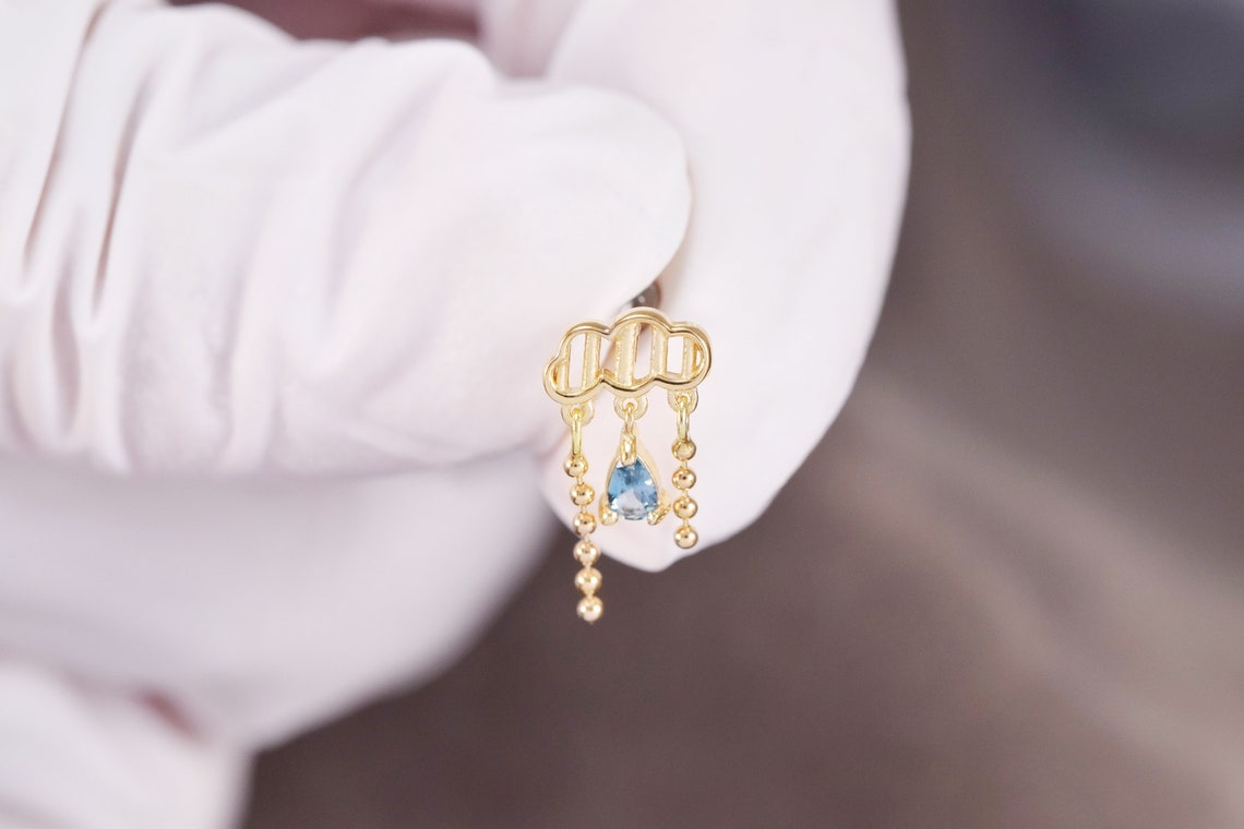 14K Solid Gold London Blue Topaz Teardrop Stud/dangle Chain Stud ...