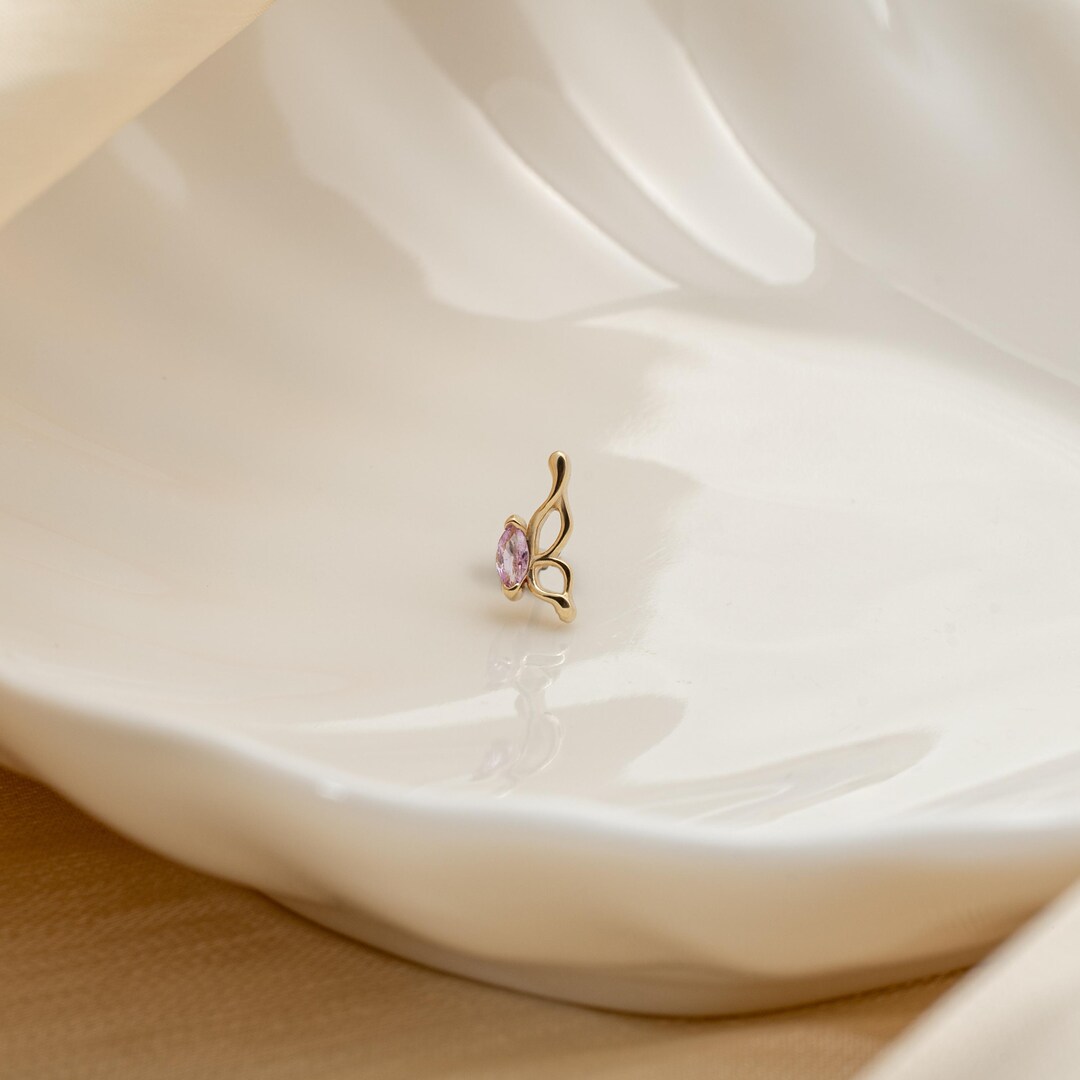 14k Solid Gold Pink Sapphire Butterfly Helix Stud Threadless Push Pin ...
