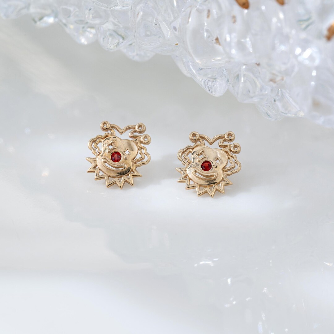 14K Solid Gold Red Spinel Stud Earring/dainty Gemstone Clown Earring ...