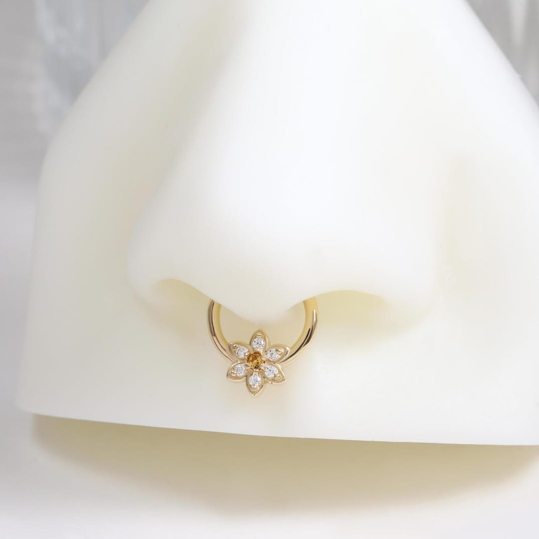 14K Solid Gold Citrine & Moissanite Flower Clicker, Dainty Floral ...