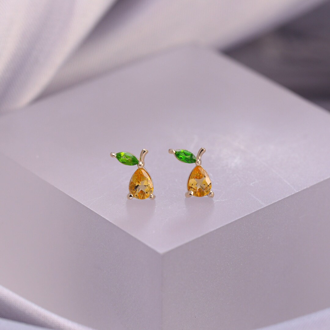14K Solid Gold Cute Pear Stud Earring/citrine Earring/fruit Ear Stud ...