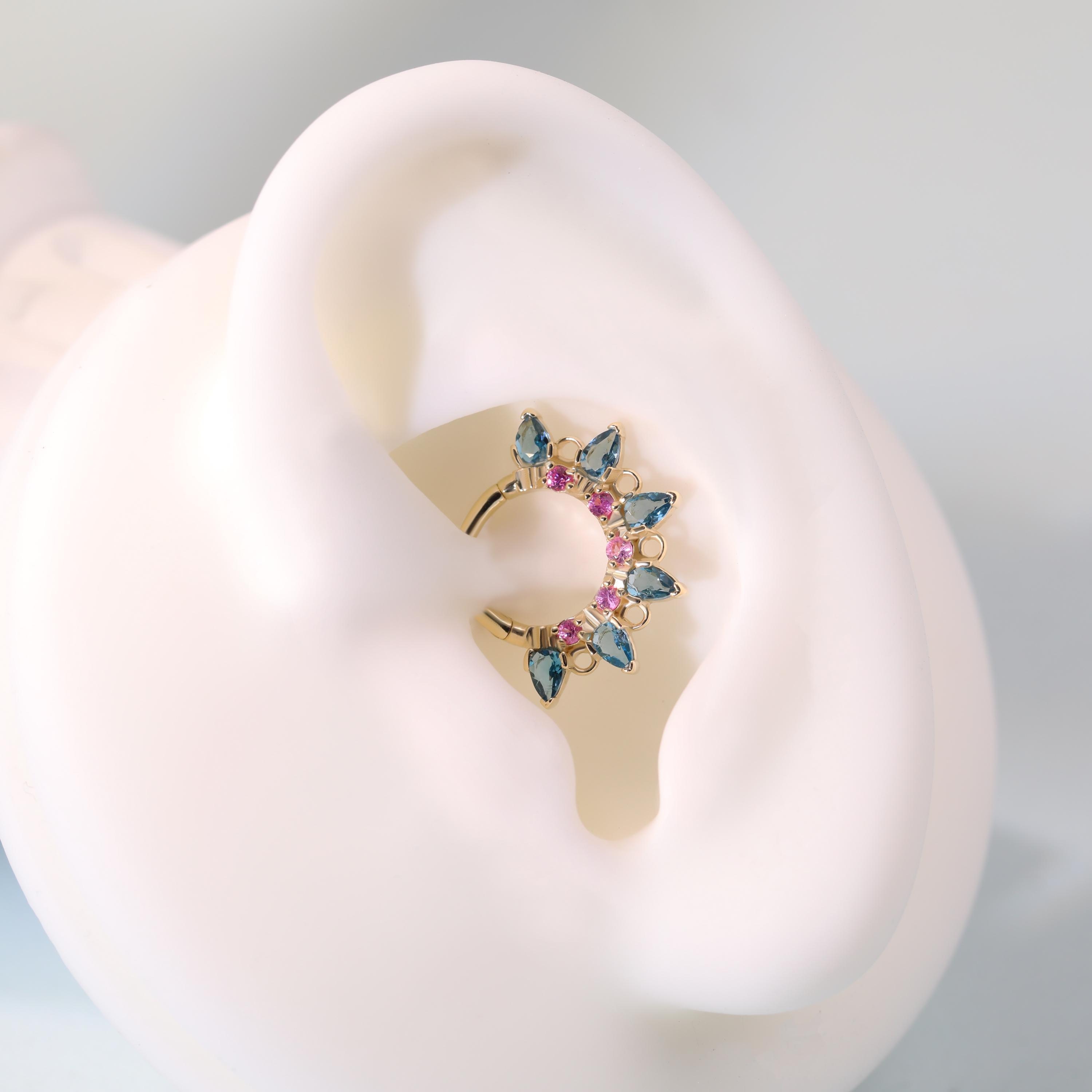 14K Solid Gold London Blue Topaz Clicker/pink Sapphire Septum Ring/gold ...