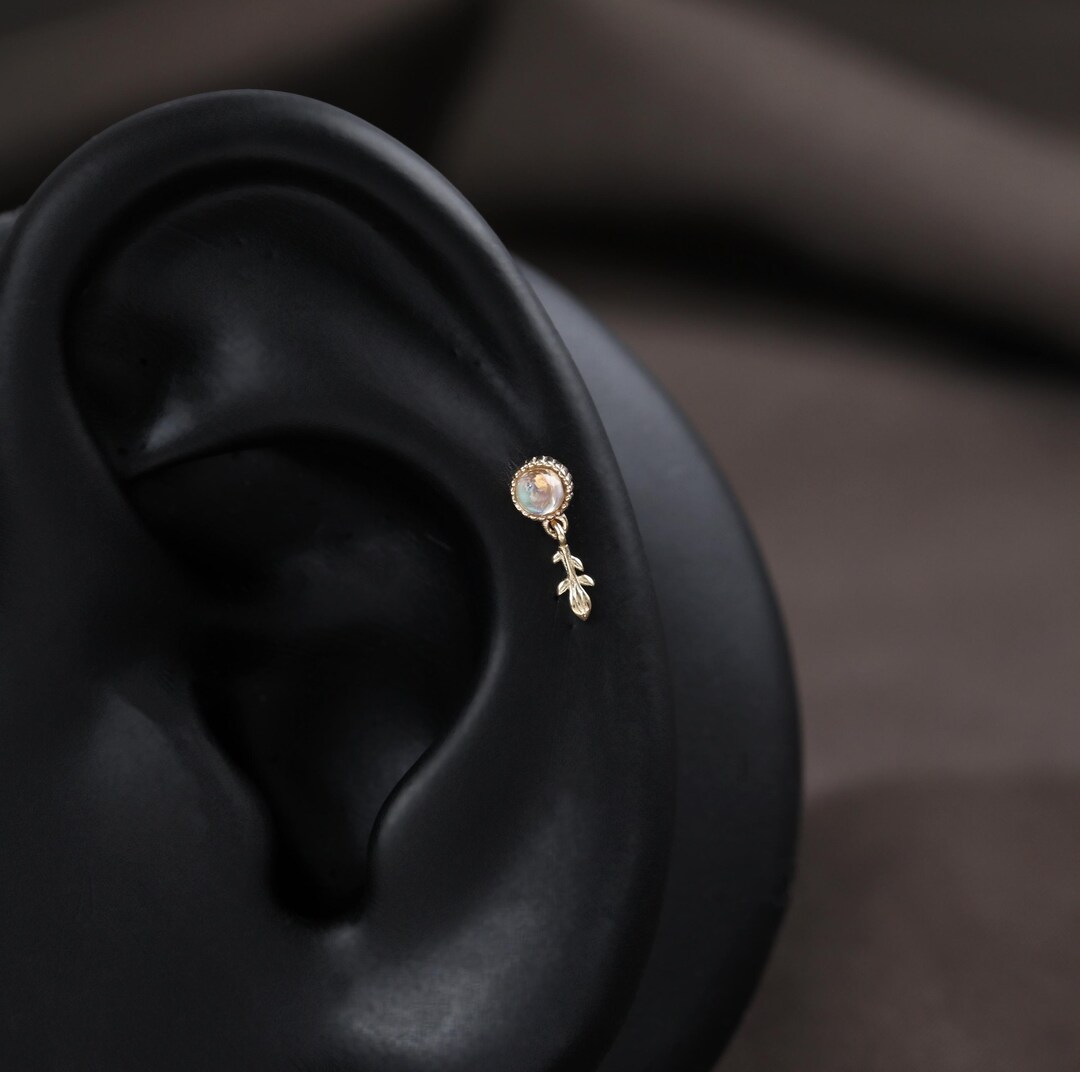 14K Solid Gold Moonstone Dangle Earring/drop Conch Helix Daith Auricle ...