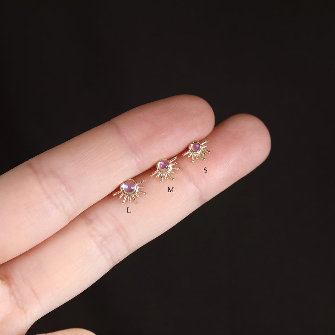 14K Solid Gold Moonstone Sunburst Stud Earring, Celestial Dainty ...