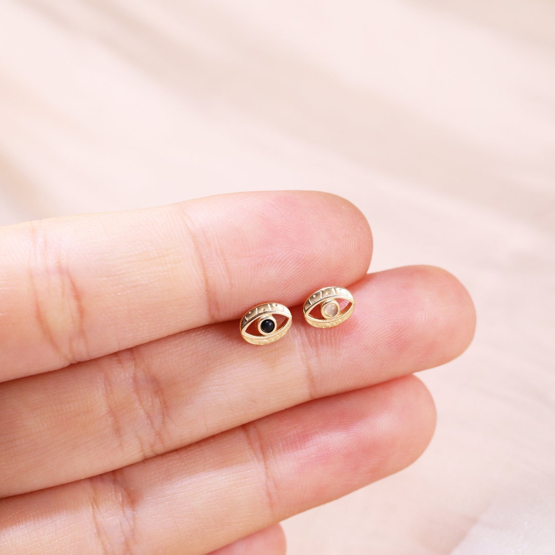 14K Solid Gold Black Onyx Eye Stud/moonstone Eye Helix Earring/cartilage Gemstone Stud/conch ...