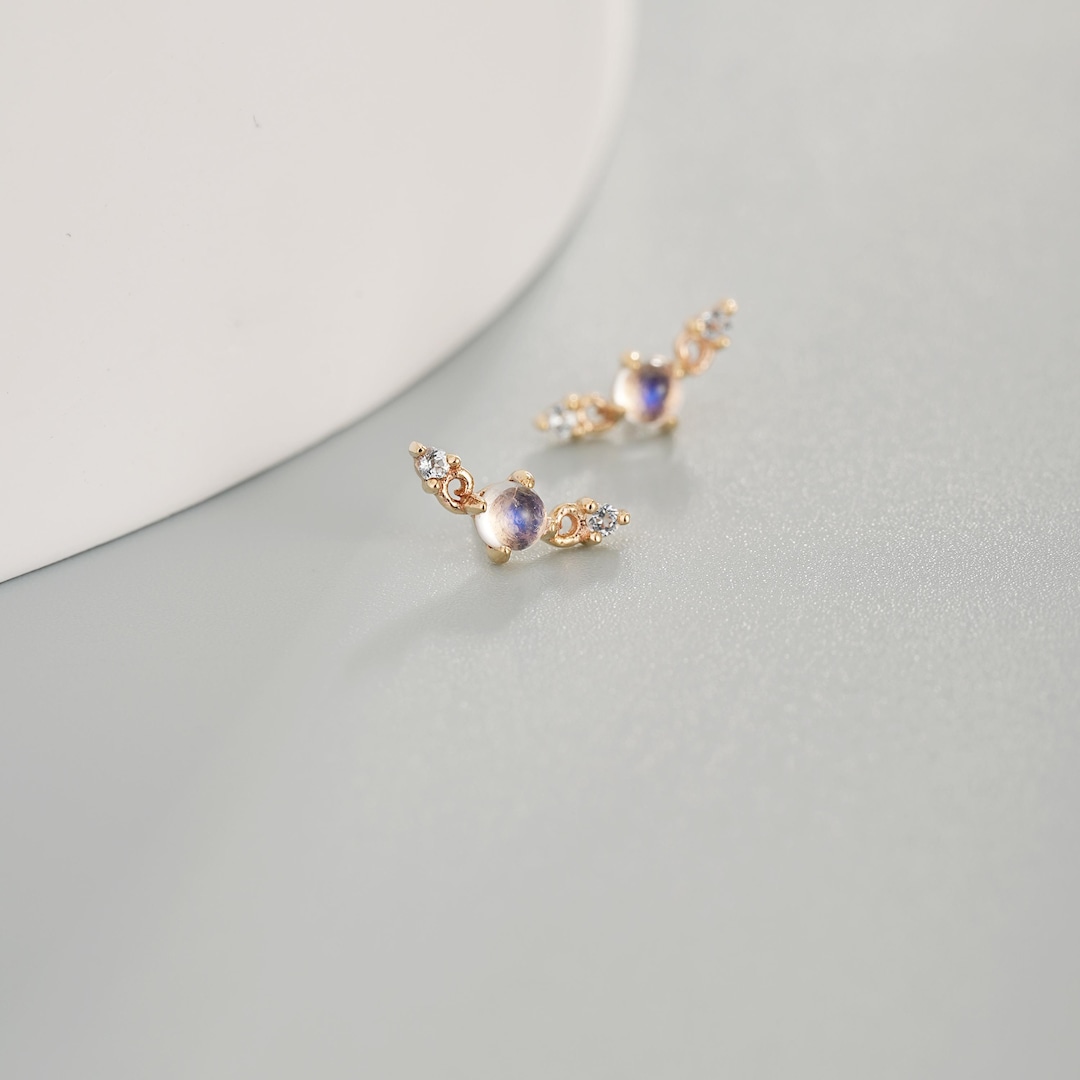 14K Gold Moonstone Swiss Blue Topaz Stud Earring: Celestial Piercing - Etsy