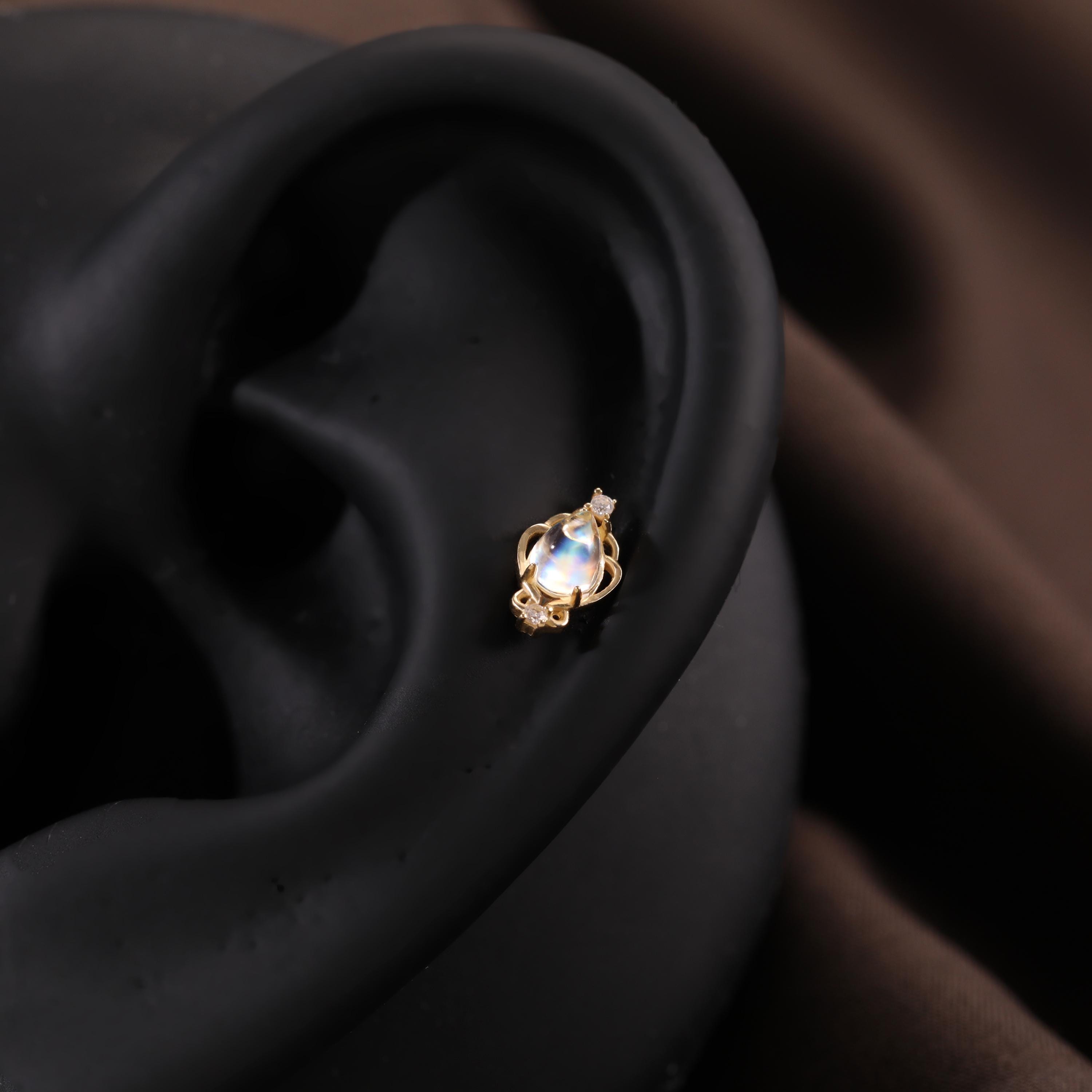 14K Solid Gold Moonstone Stud/threadless Push Pin/conch Helix Tragus ...