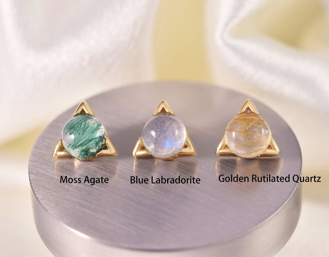 14K Solid Gold Blue Labradorite/moss Agate Triangle Stud/golden ...