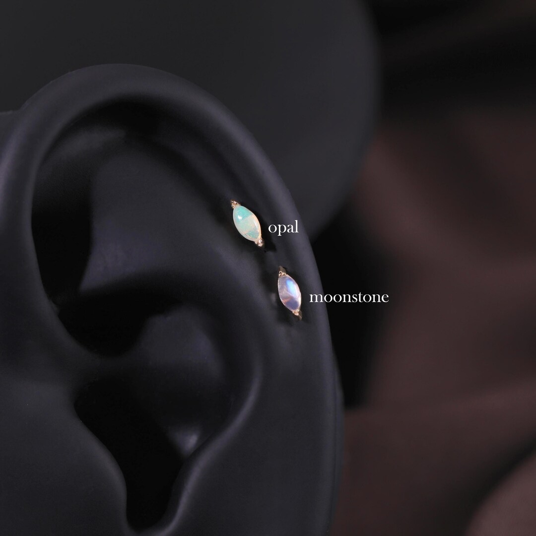 14K Solid Gold Marquise Moonstone Earring/opal Threadless Push Pin ...