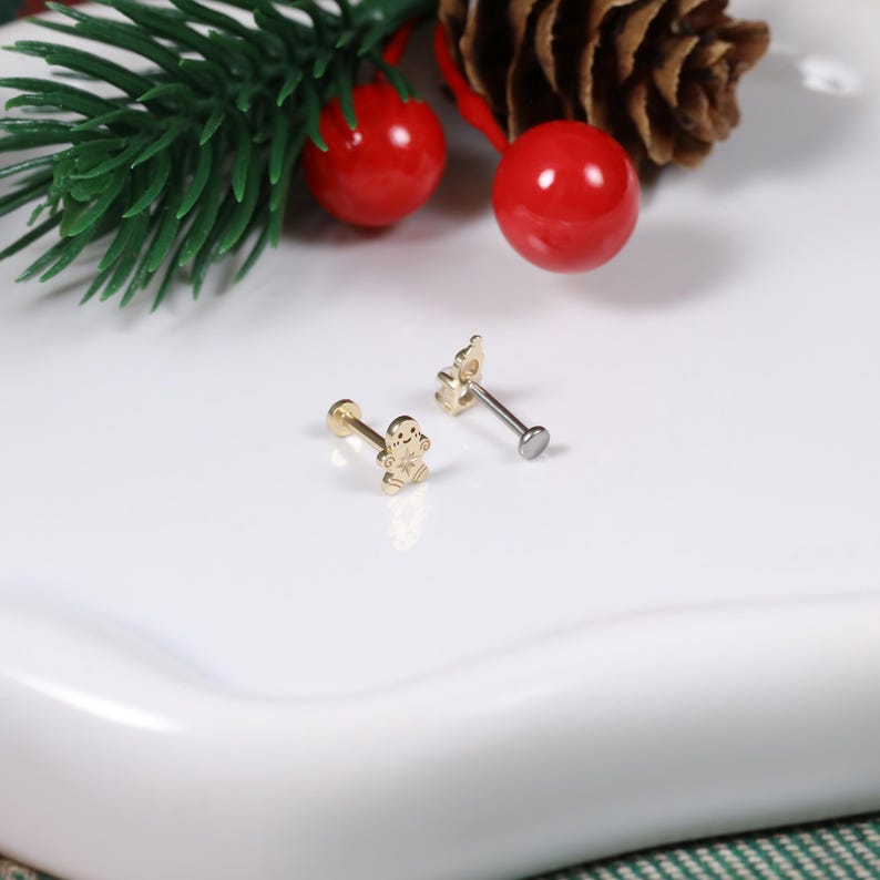 14K Solid Gold Moonstone Helix Stud Gingerbread Man Cartilage Flat Back ...